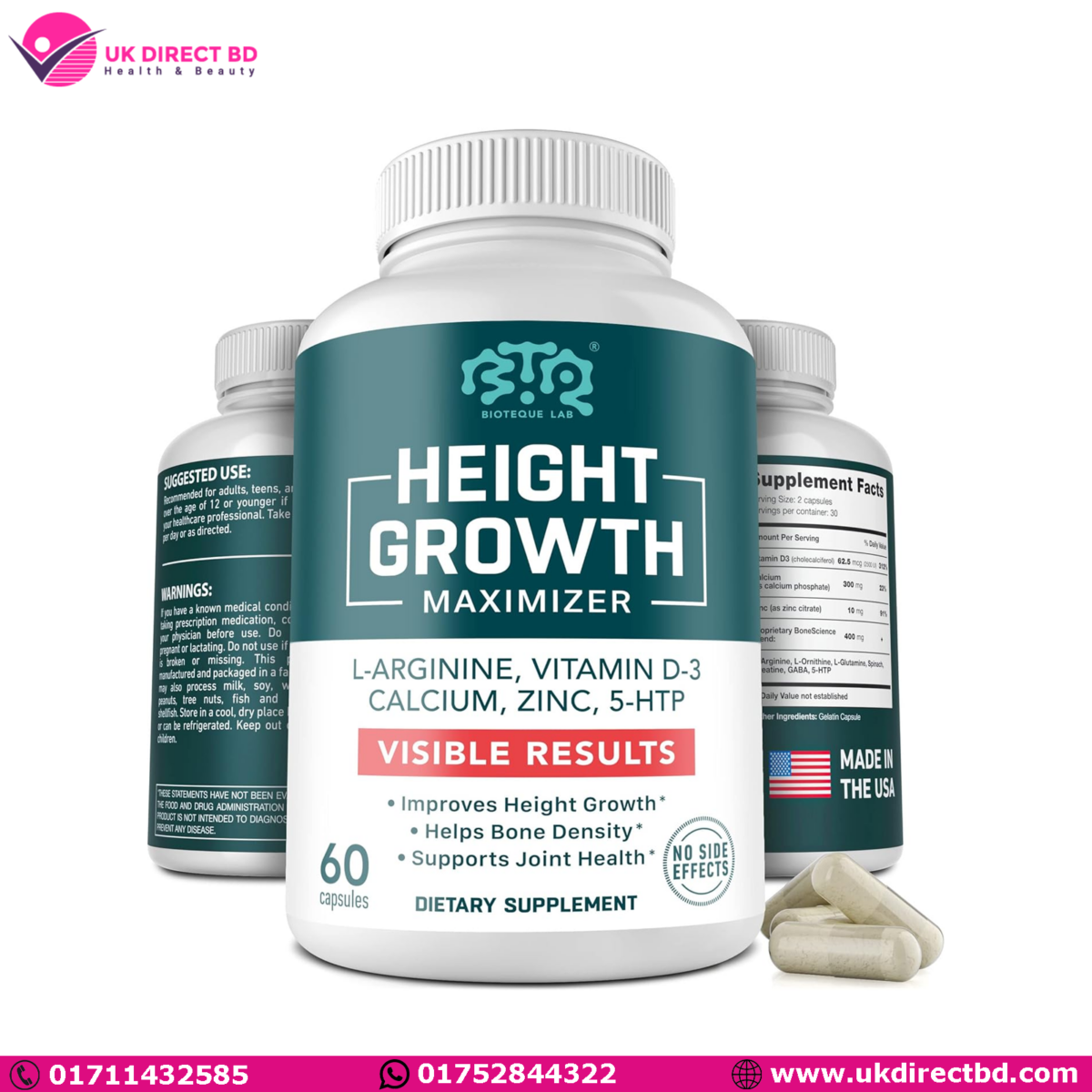 BIOTEQUELAB Height Growth Maximizer, Calcium, Vitamin D3 and Zinc Blend ...